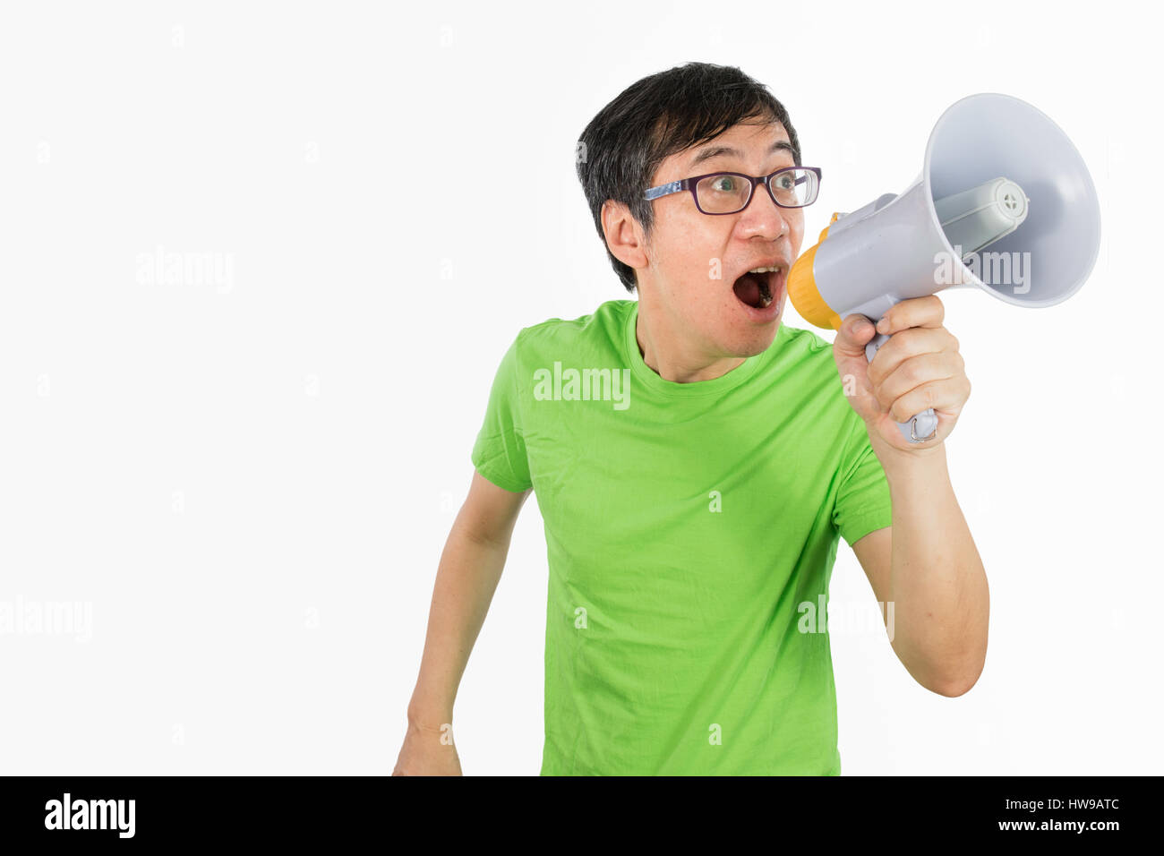 Asian Chinese Man Shouting with a Megaphone in isolated White ...