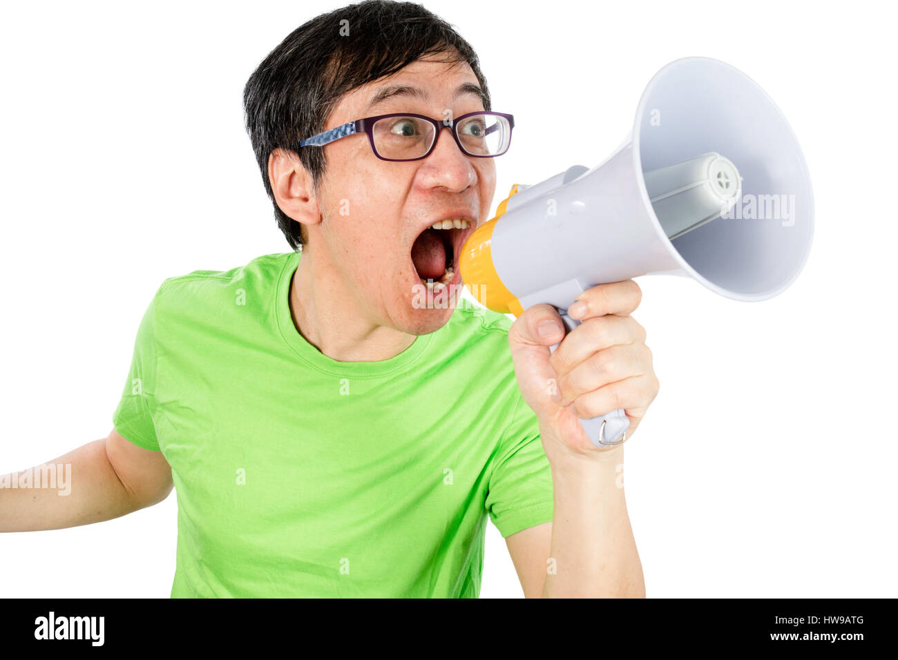 Asian Chinese Man Shouting with a Megaphone in isolated White ...