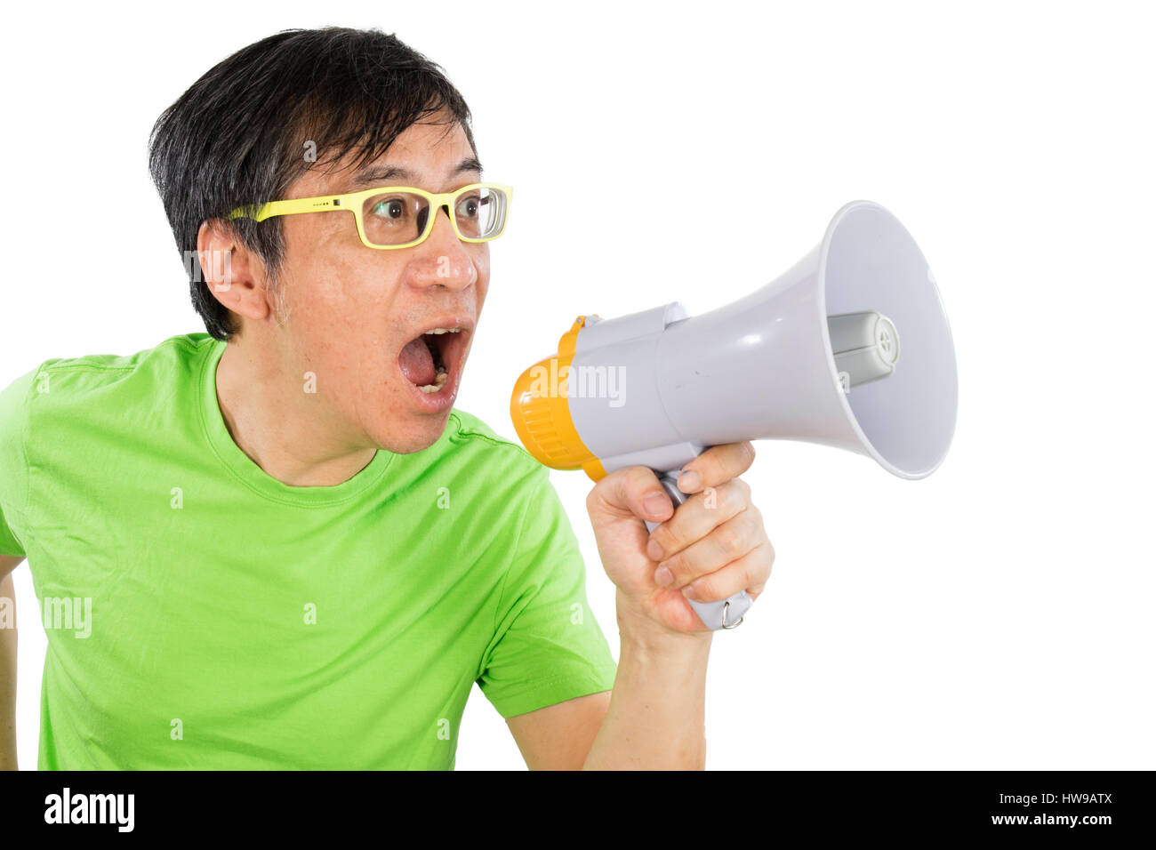 Asian Chinese Man Shouting with a Megaphone in isolated White ...