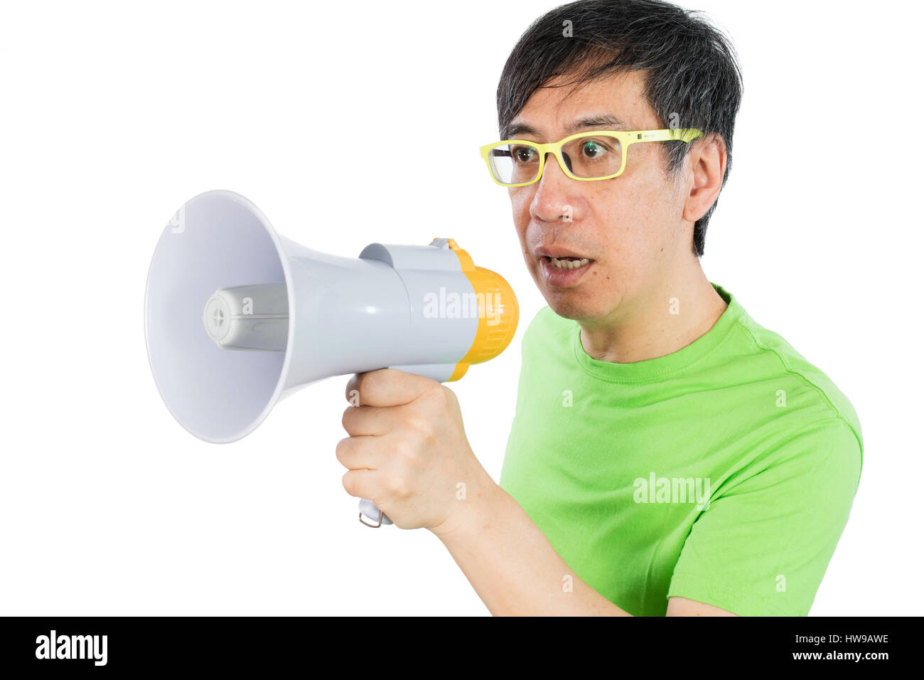 Asian Chinese Man Holding a Megaphone in isolated White Background ...