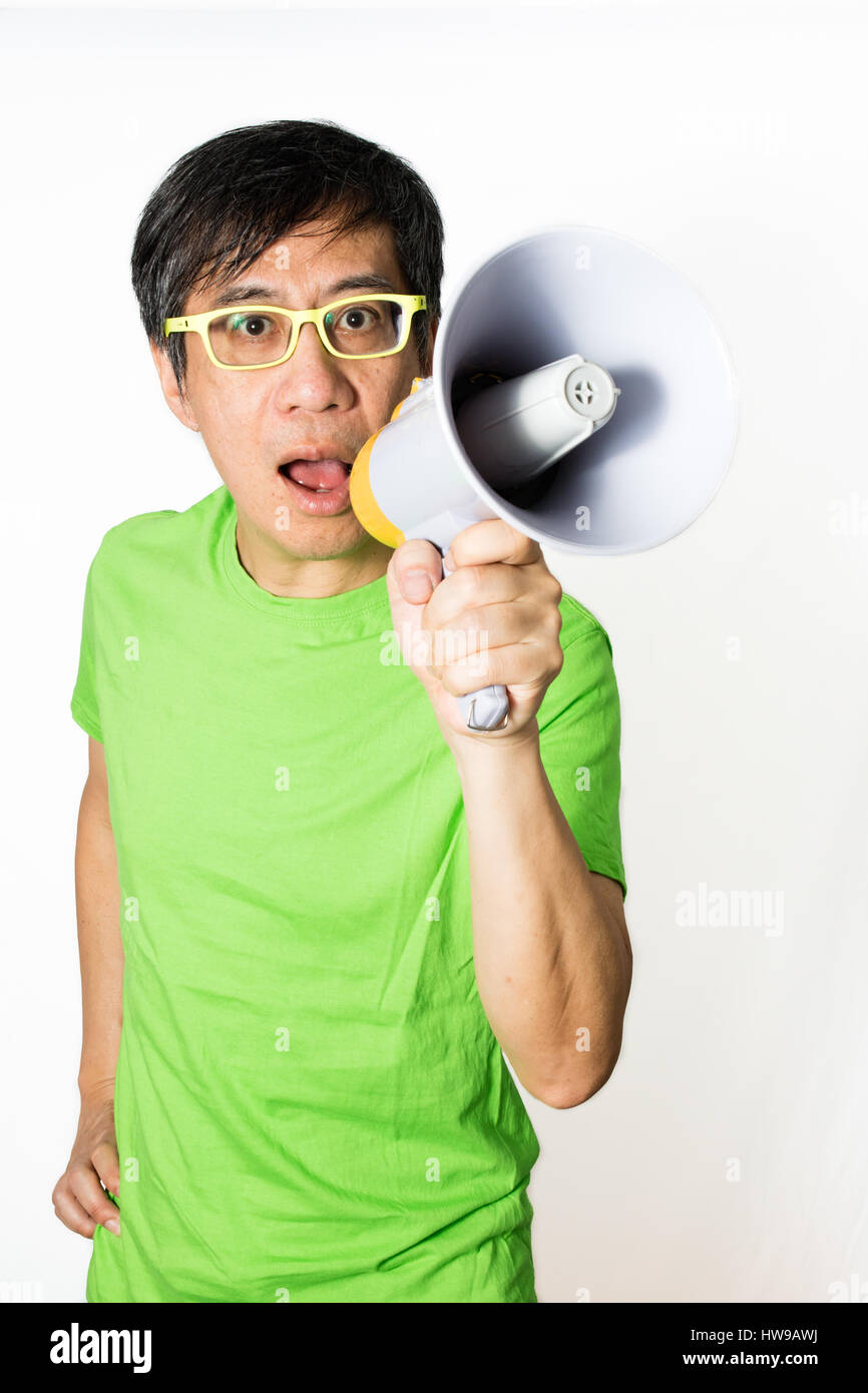 Asian Chinese Man Shouting with a Megaphone in isolated White ...