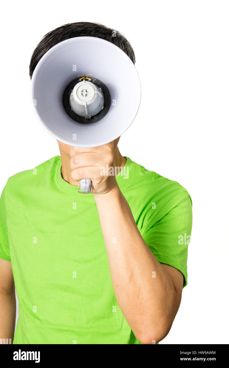 Asian Chinese Man Holding a Megaphone in isolated White Background ...