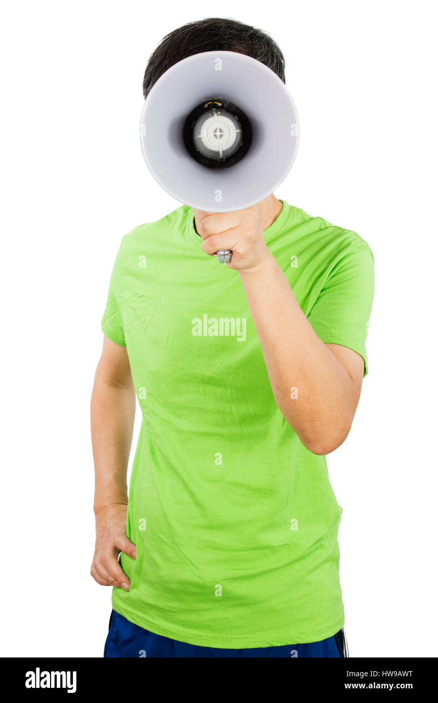 Asian Chinese Man Holding a Megaphone in isolated White Background ...