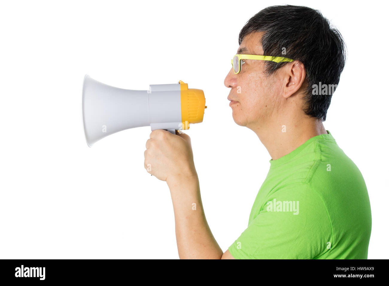 Asian Chinese Man Holding a Megaphone in isolated White Background ...
