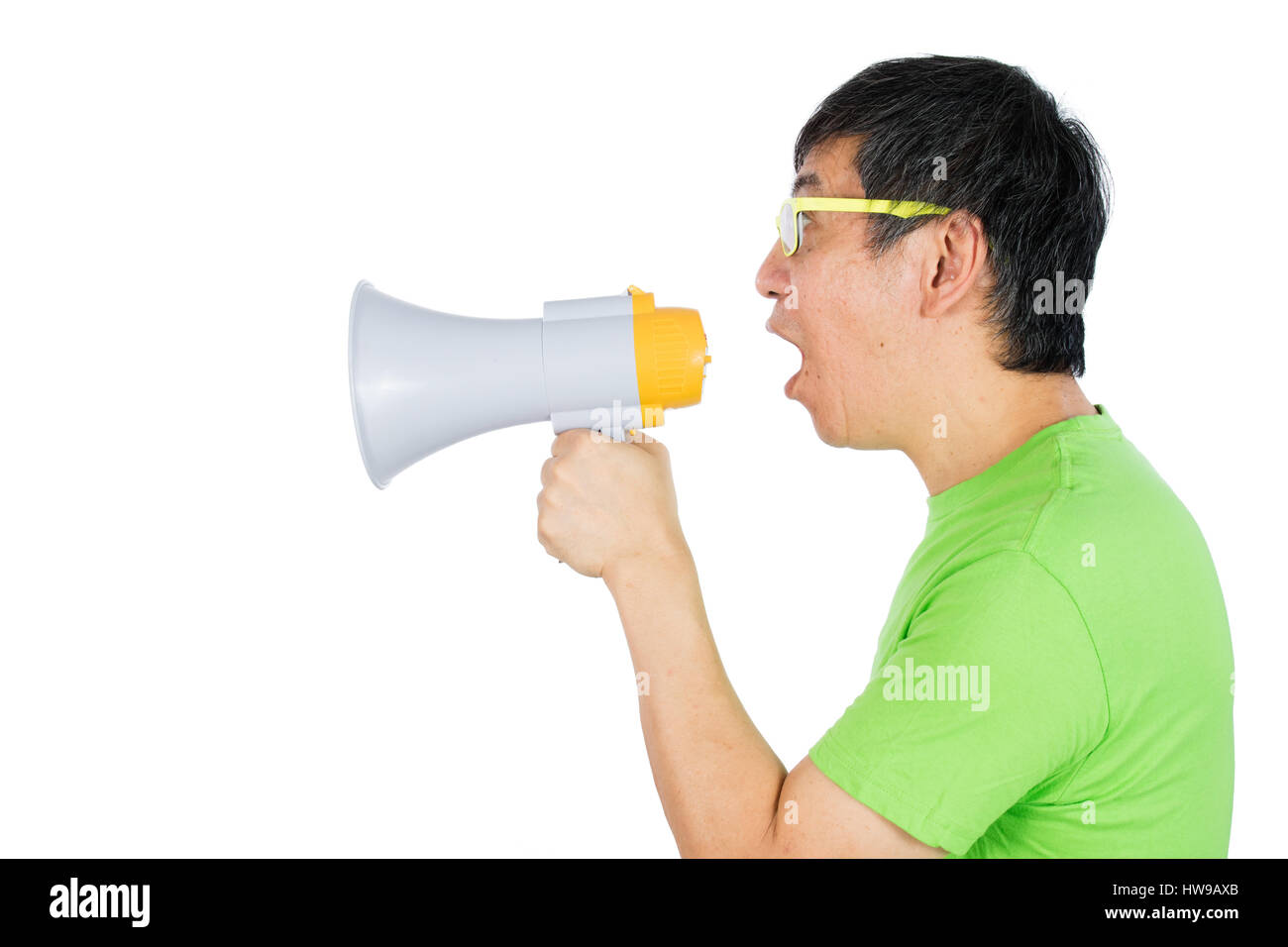 Asian Chinese Man Shouting with a Megaphone in isolated White ...