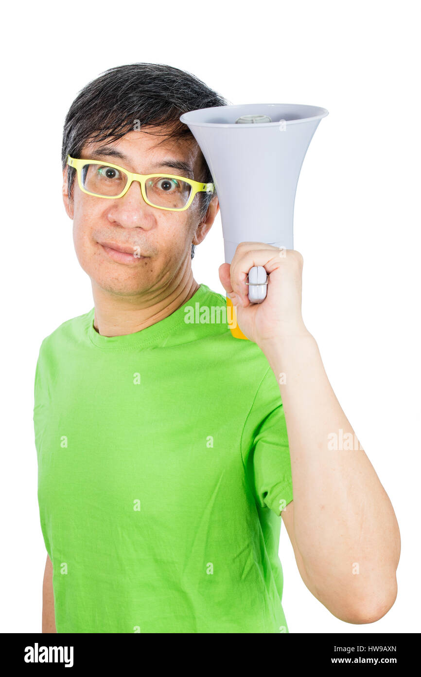 Asian Chinese Man Holding a Megaphone in isolated White Background ...