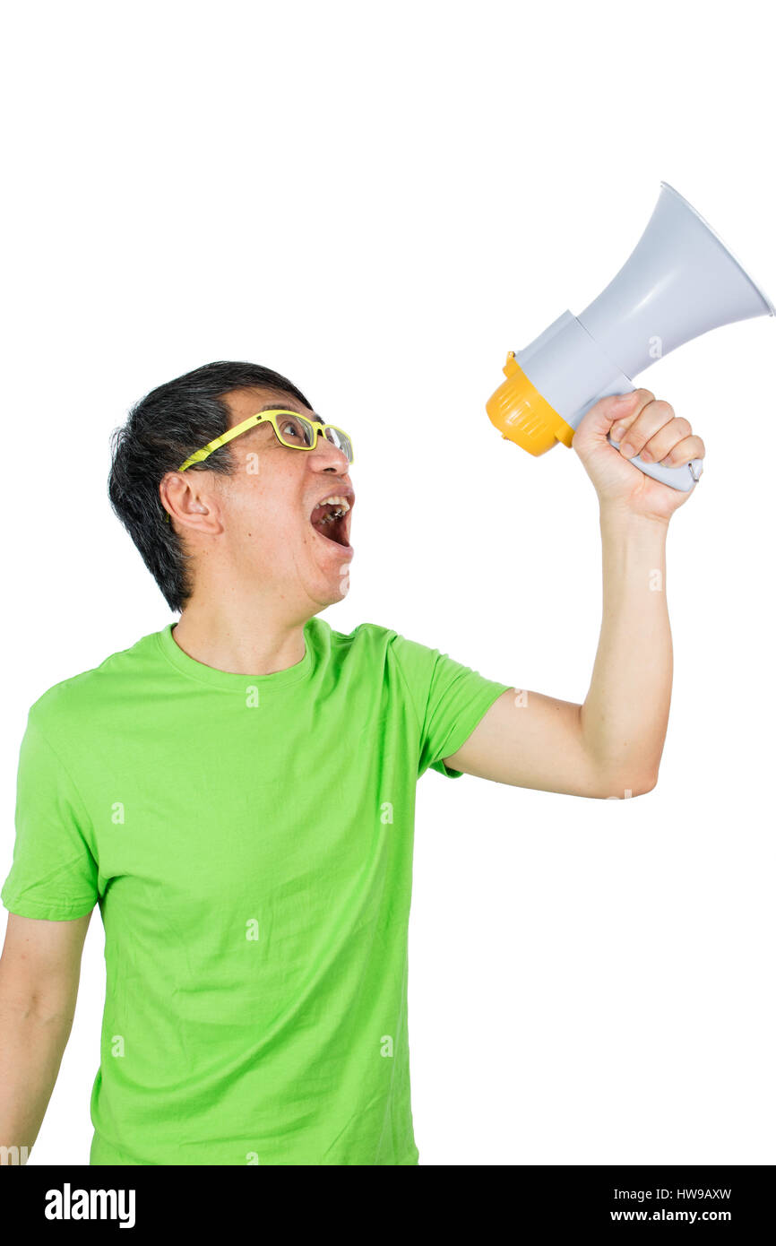 Asian Chinese Man Shouting with a Megaphone in isolated White ...