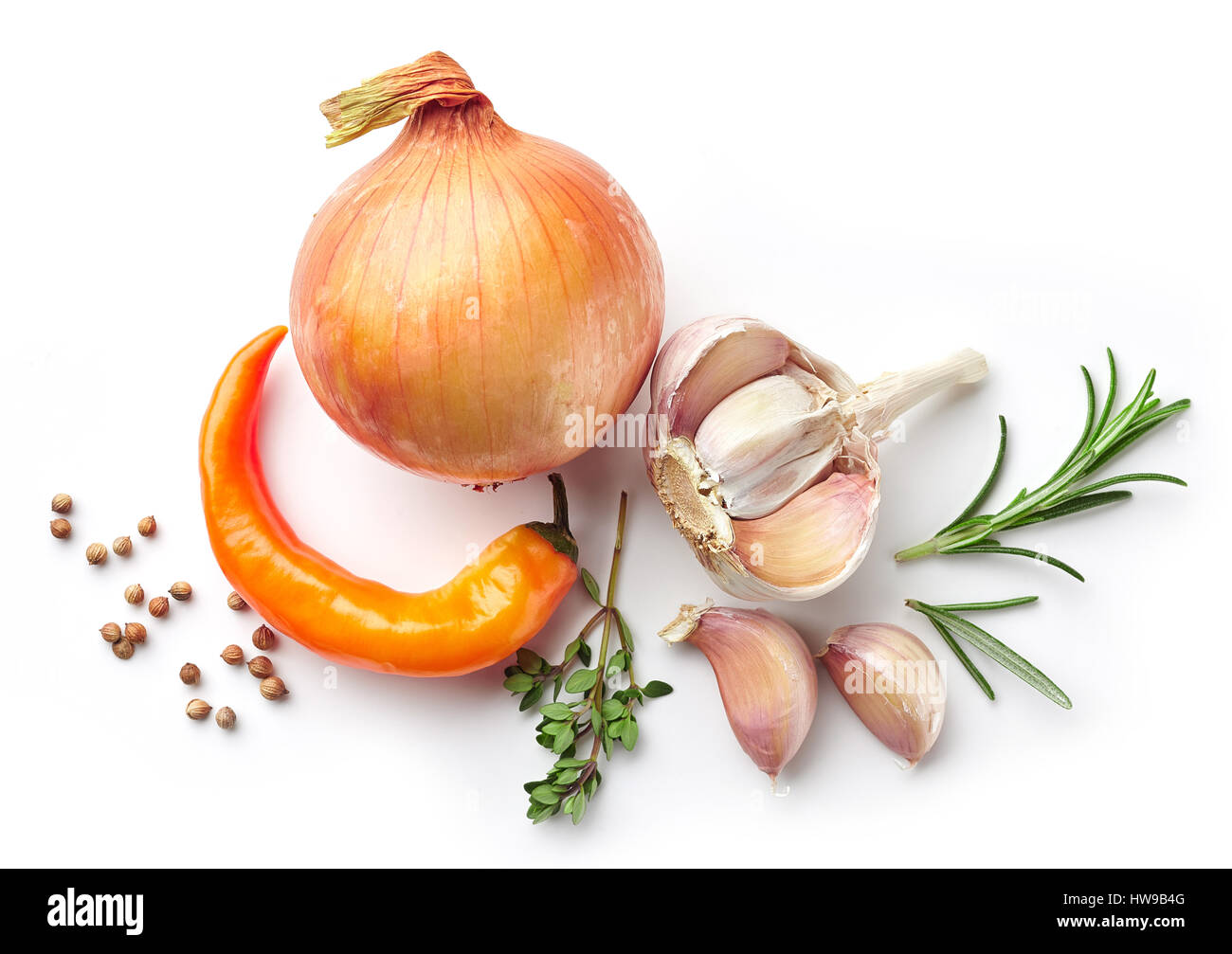 composition of onions and spices isolated on white background, top view ...