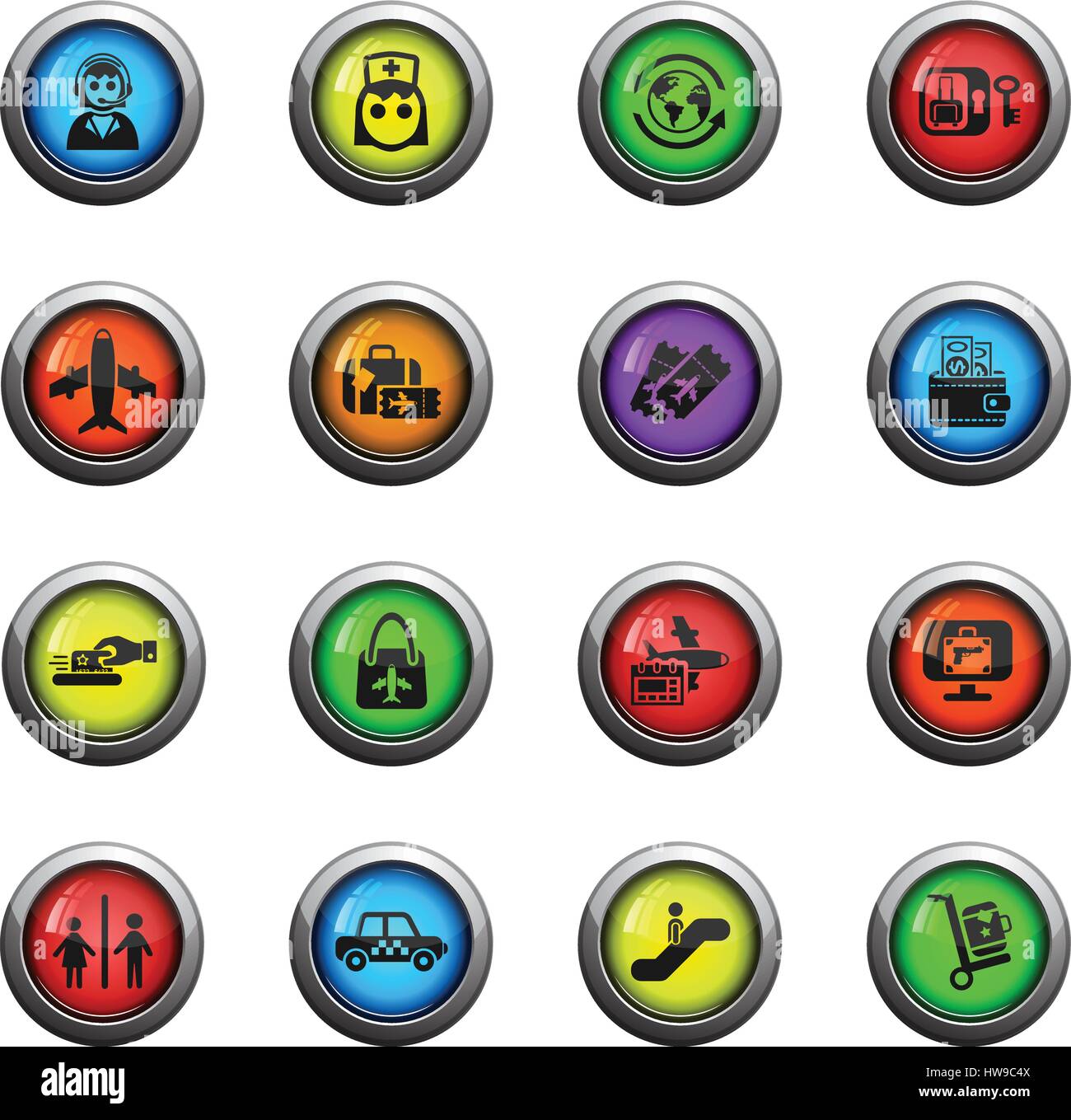 airport icons on color round glass buttons for your design Stock Vector ...