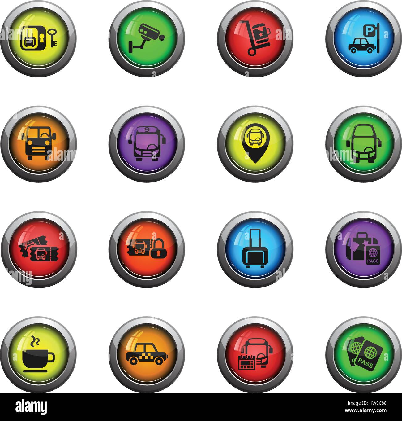 bus station icons on color round glass buttons for your design Stock ...