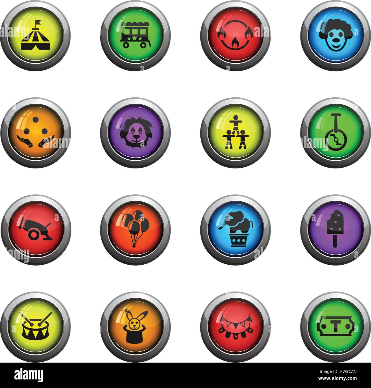 circus icons on color round glass buttons for your design Stock Vector ...
