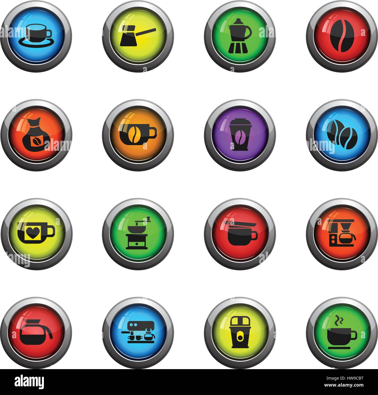 coffee icons on color round glass buttons for your design Stock Vector ...