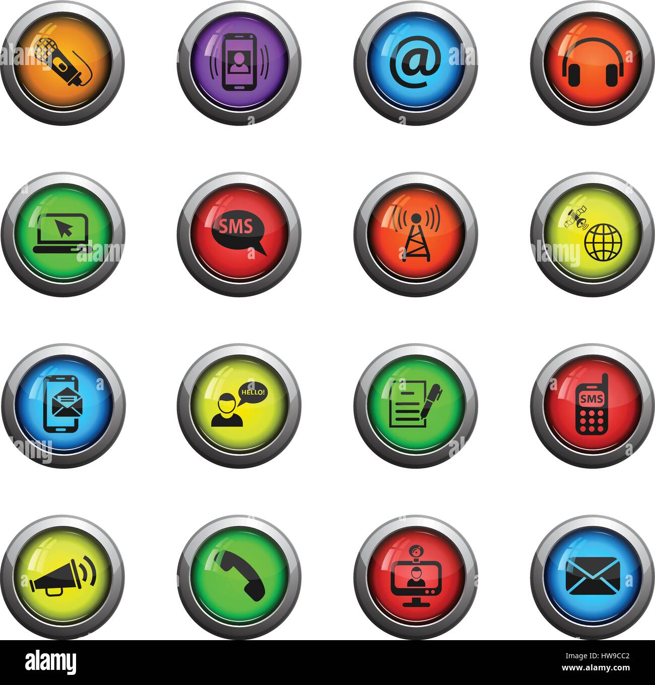 communication icons on color round glass buttons for your design Stock ...