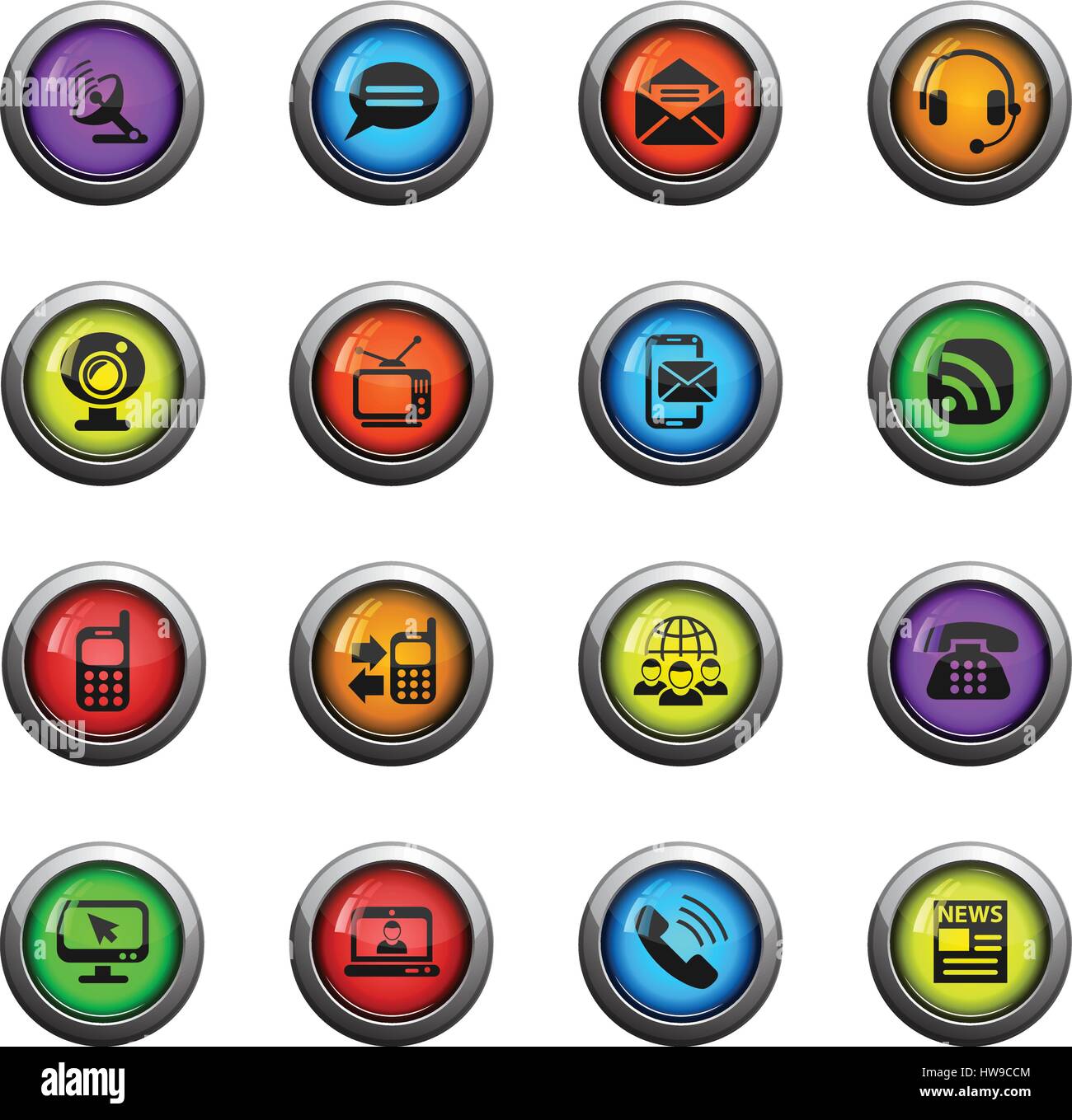 communication icons on color round glass buttons for your design Stock ...