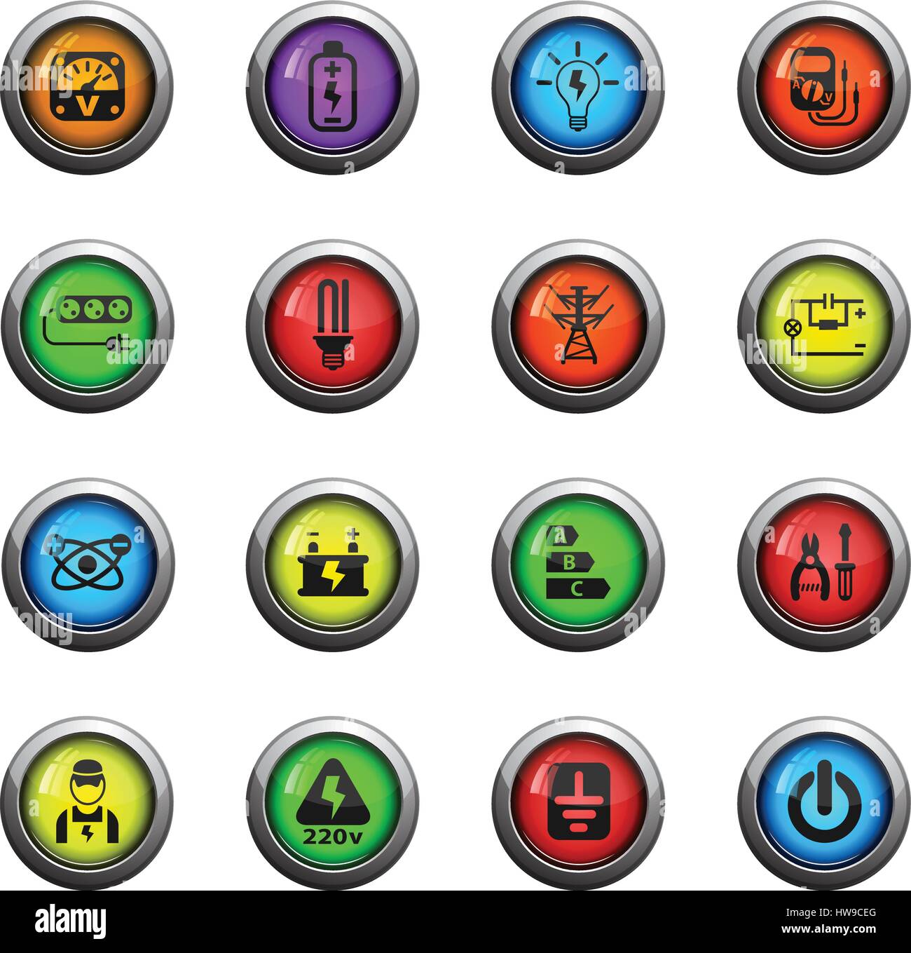 electricity icons on color round glass buttons for your design Stock ...