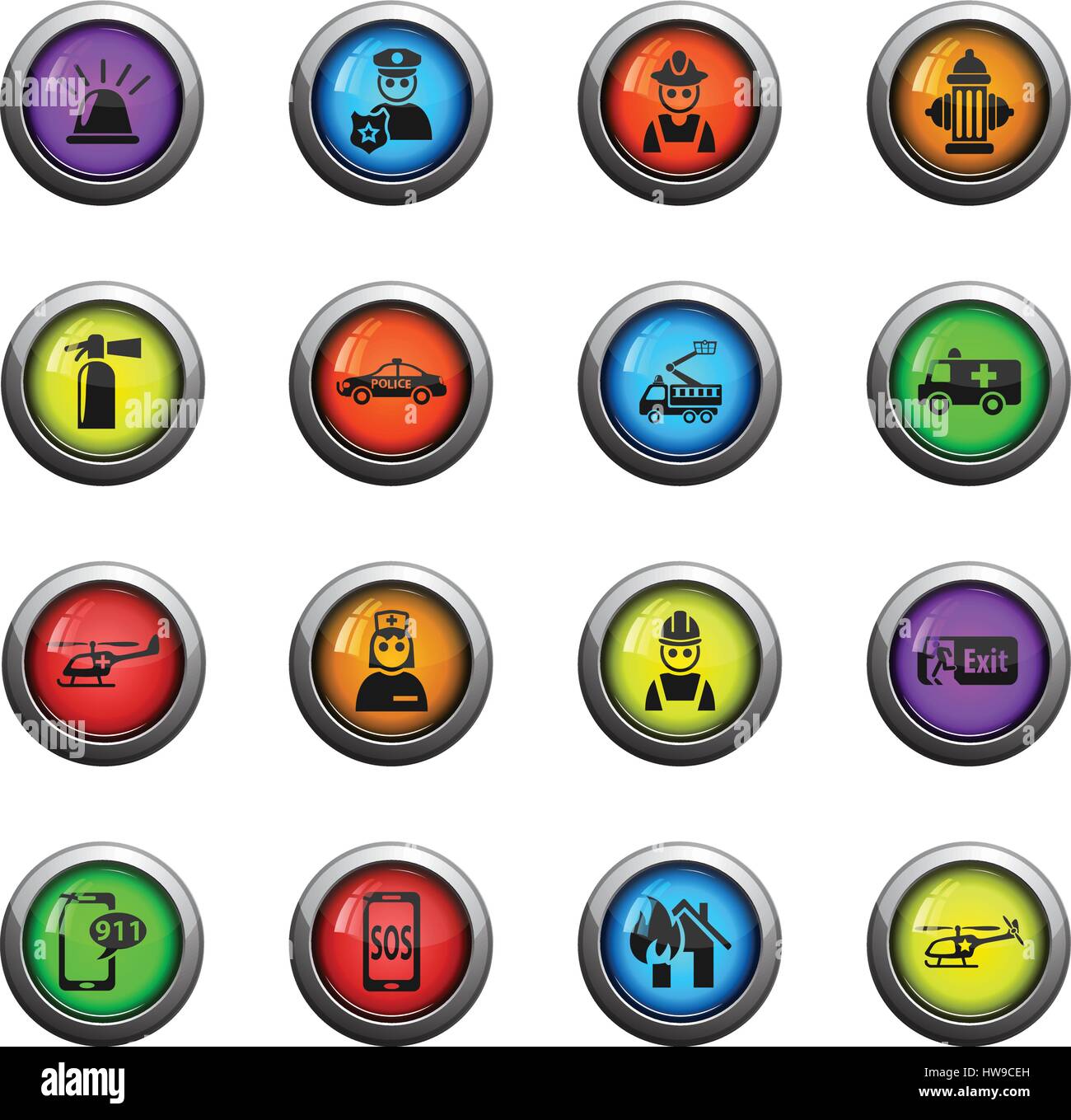emergency icons on color round glass buttons for your design Stock ...
