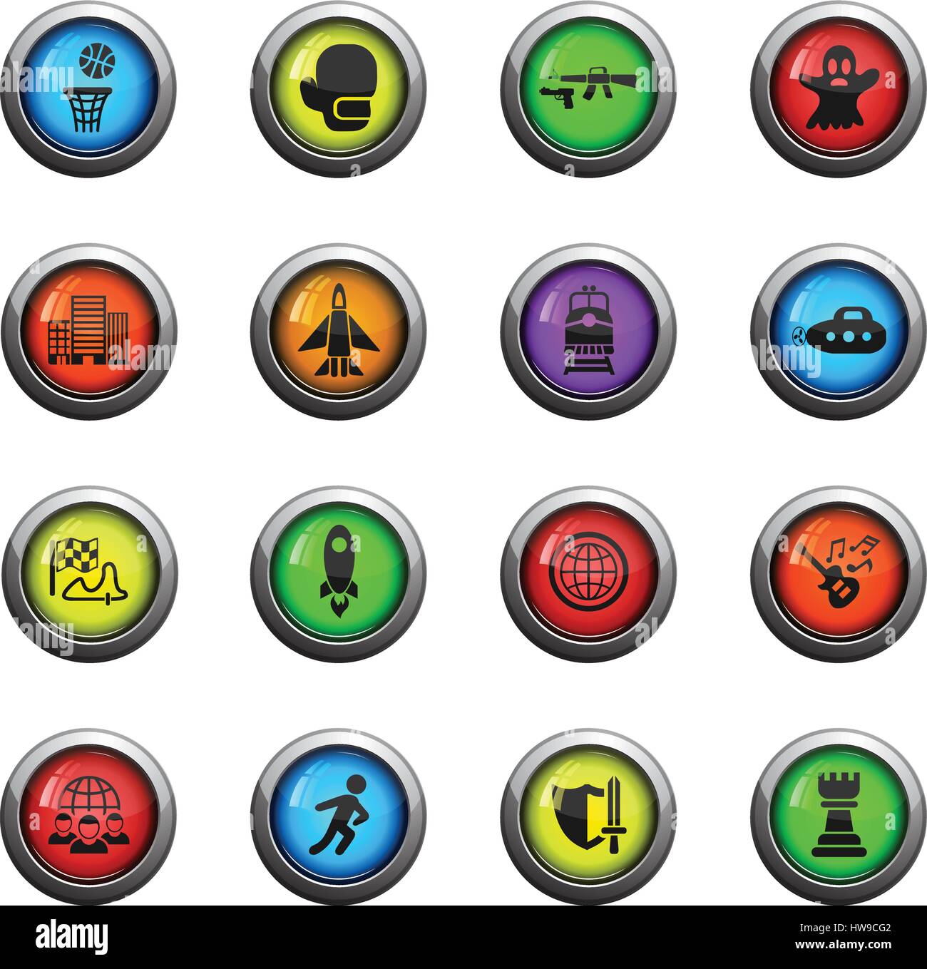 game genre icons on color round glass buttons for your design Stock ...