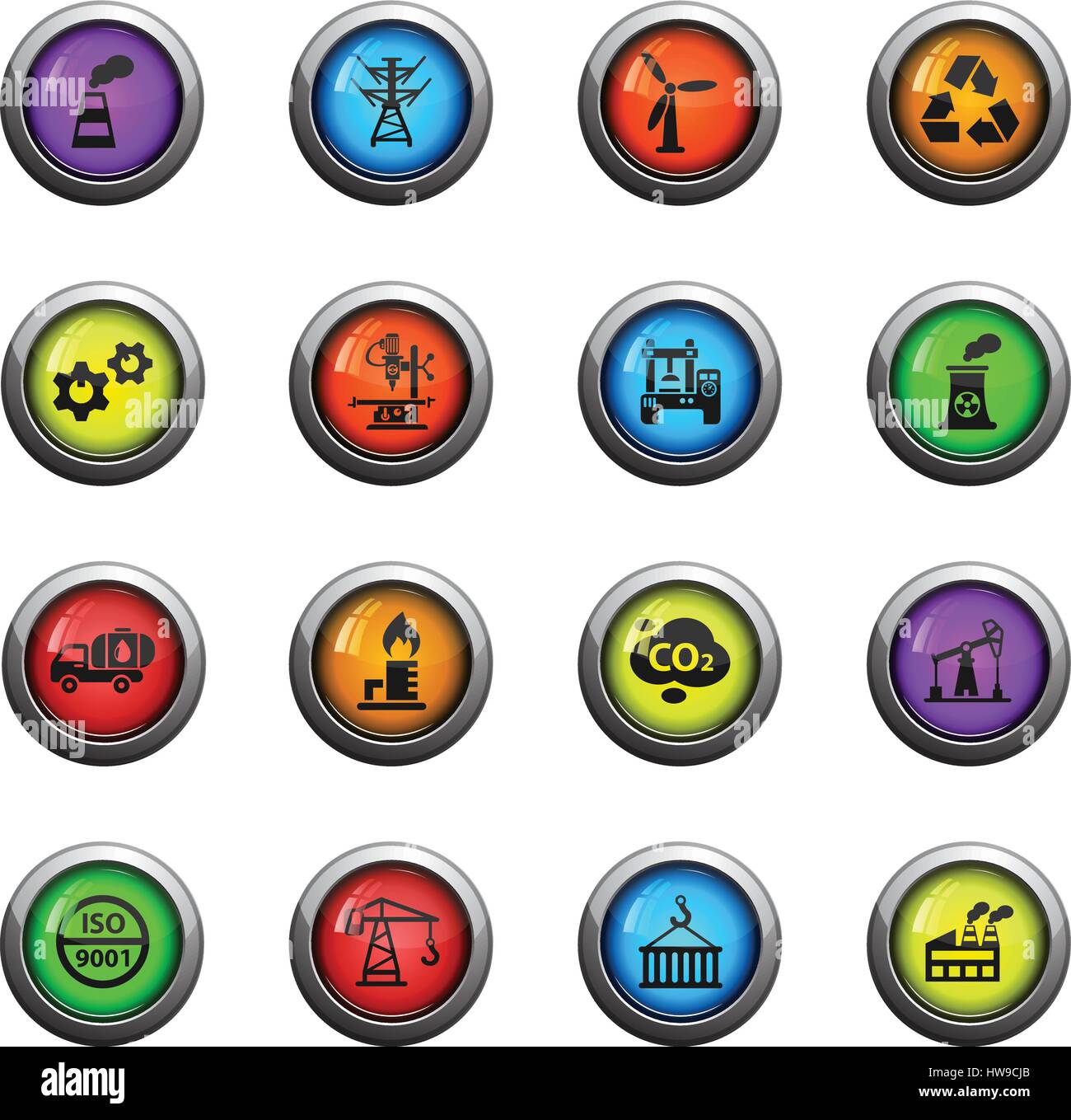 industry icons on color round glass buttons for your design Stock ...