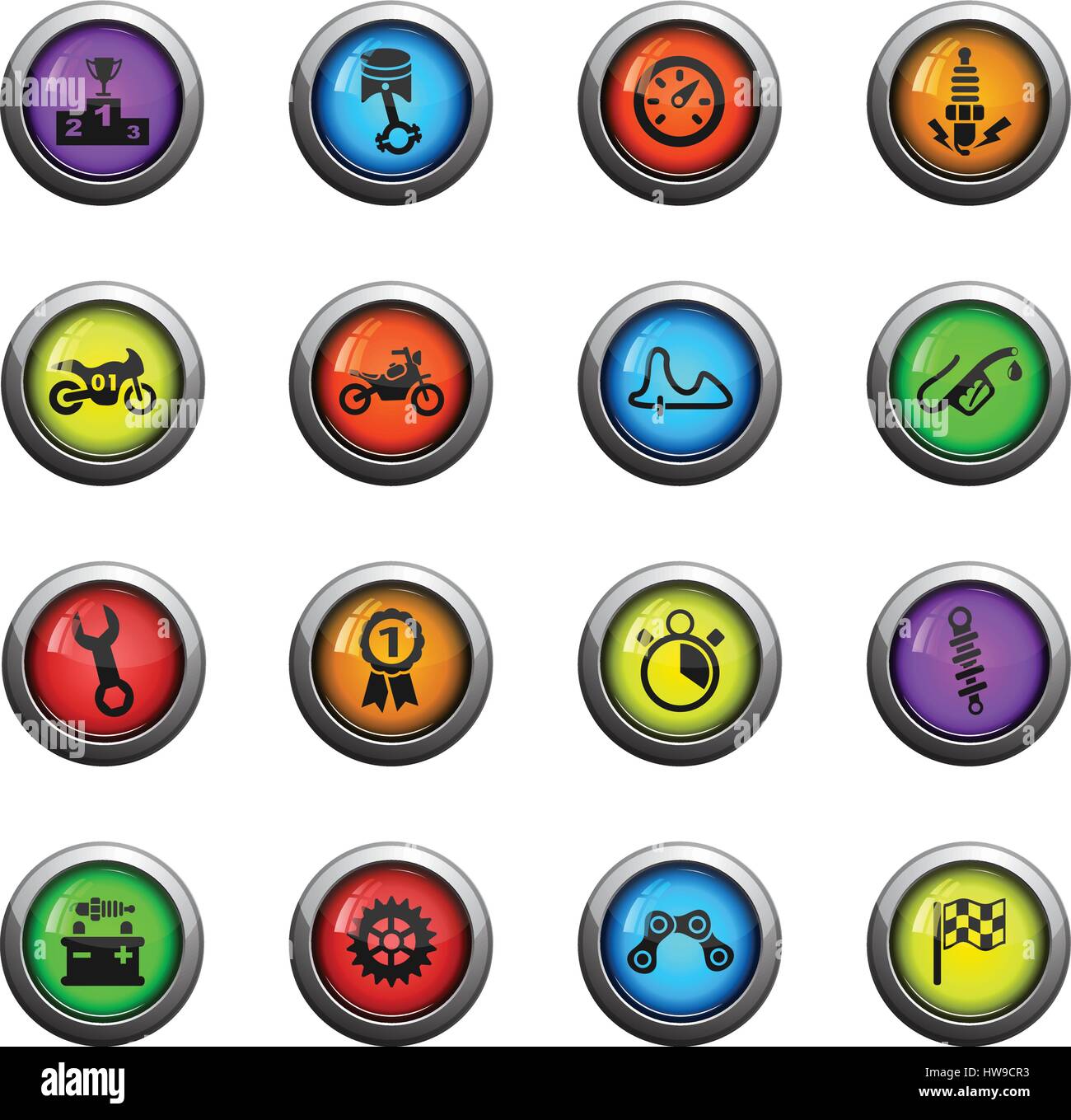 moto racing icons on color round glass buttons for your design Stock ...