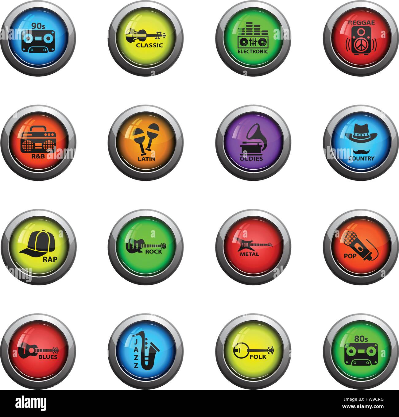 musical genre icons on color round glass buttons for your design Stock ...