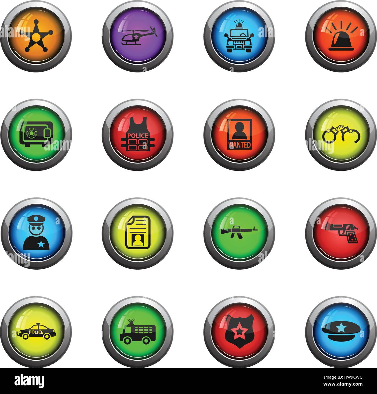 police icons on color round glass buttons for your design Stock Vector ...