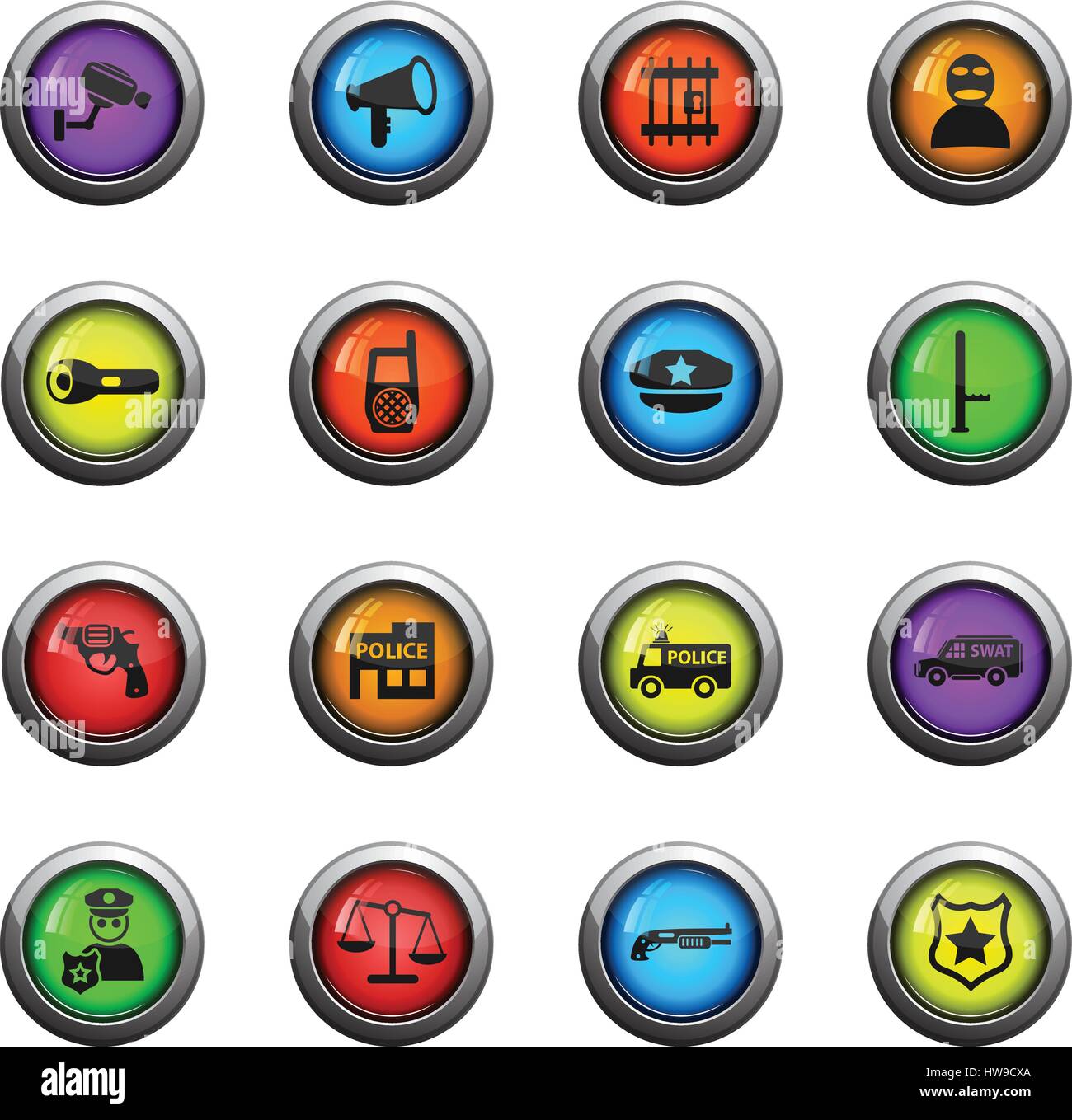 police icons on color round glass buttons for your design Stock Vector ...