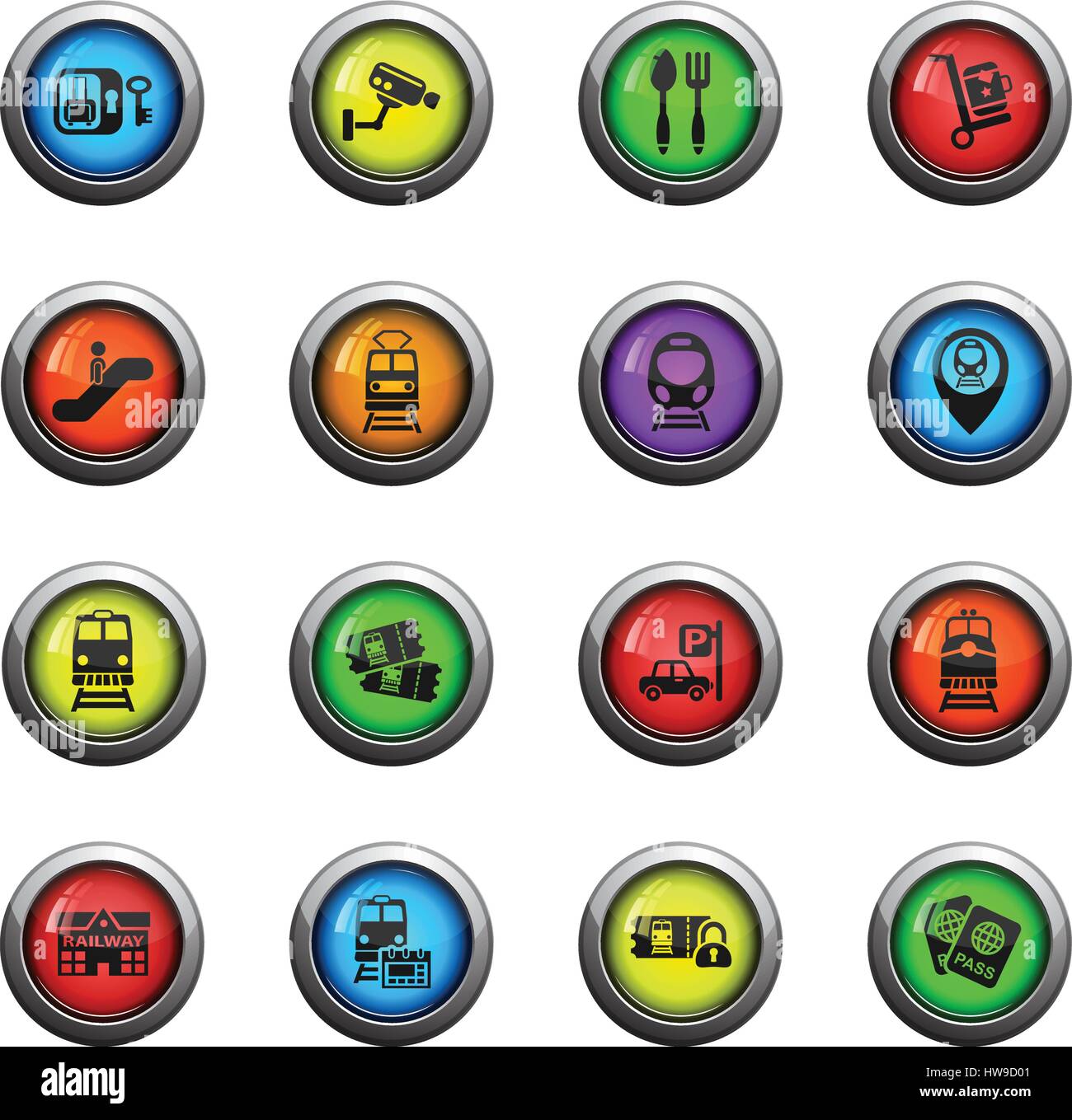 railway station icons on color round glass buttons for your design ...