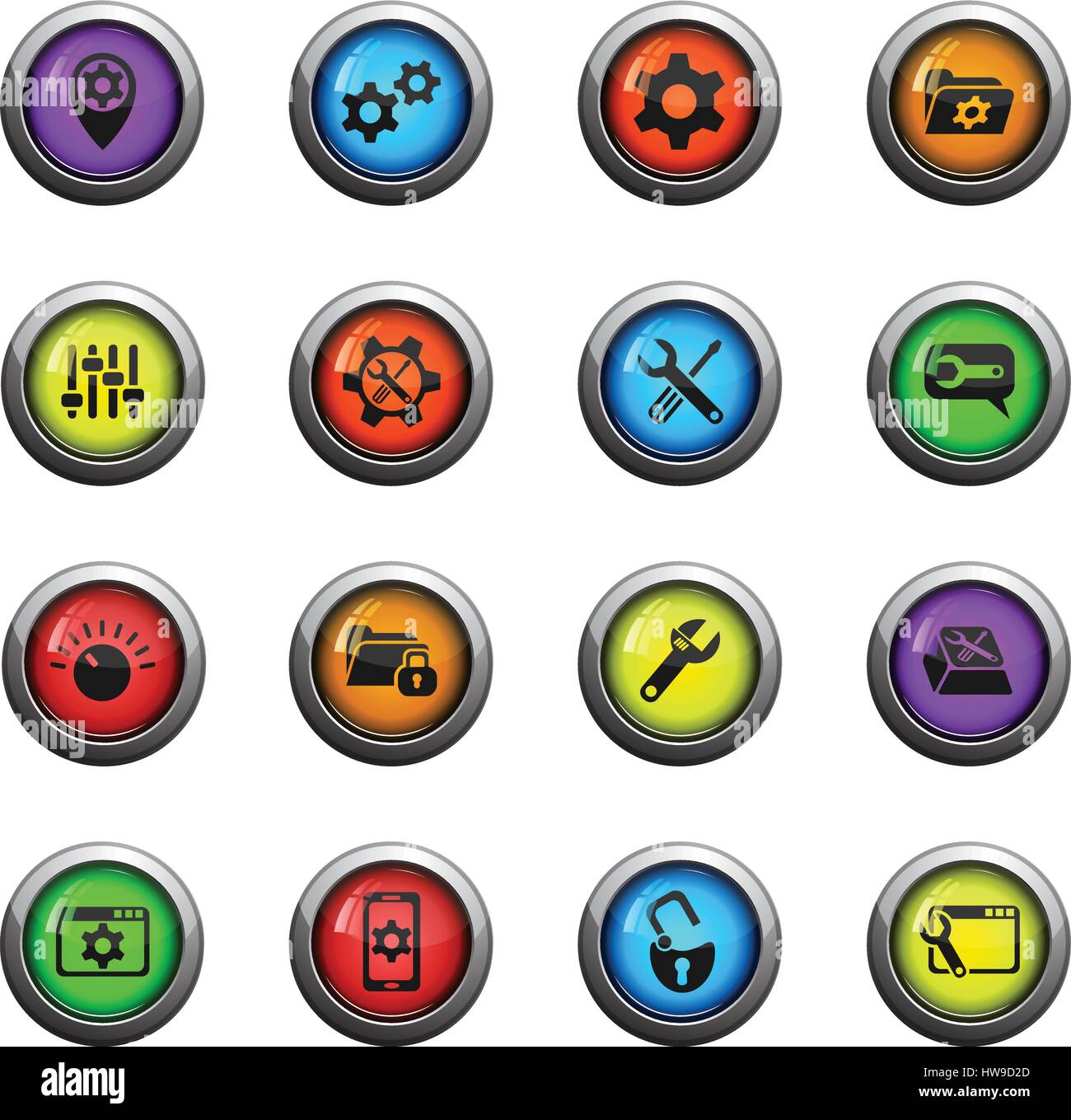 settings icons on color round glass buttons for your design Stock ...