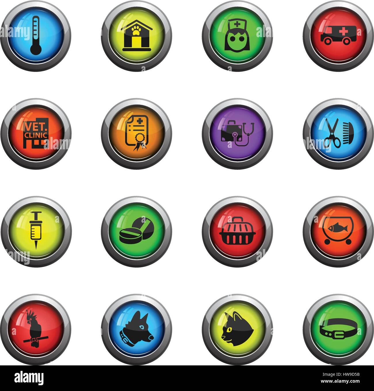 veterinary clinic icons on color round glass buttons for your design ...