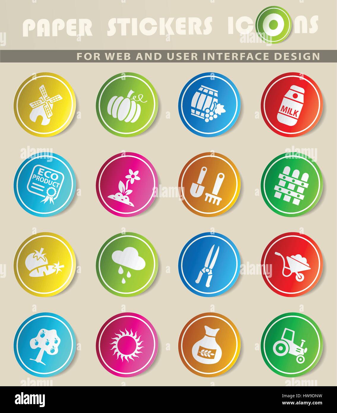 agriculture icons on color paper stickers for your design Stock Vector ...