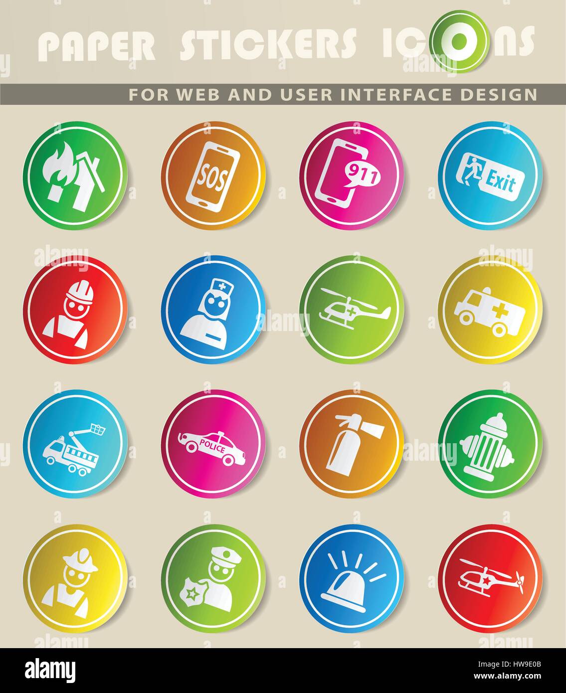 emergency icons on color paper stickers for your design Stock Vector ...