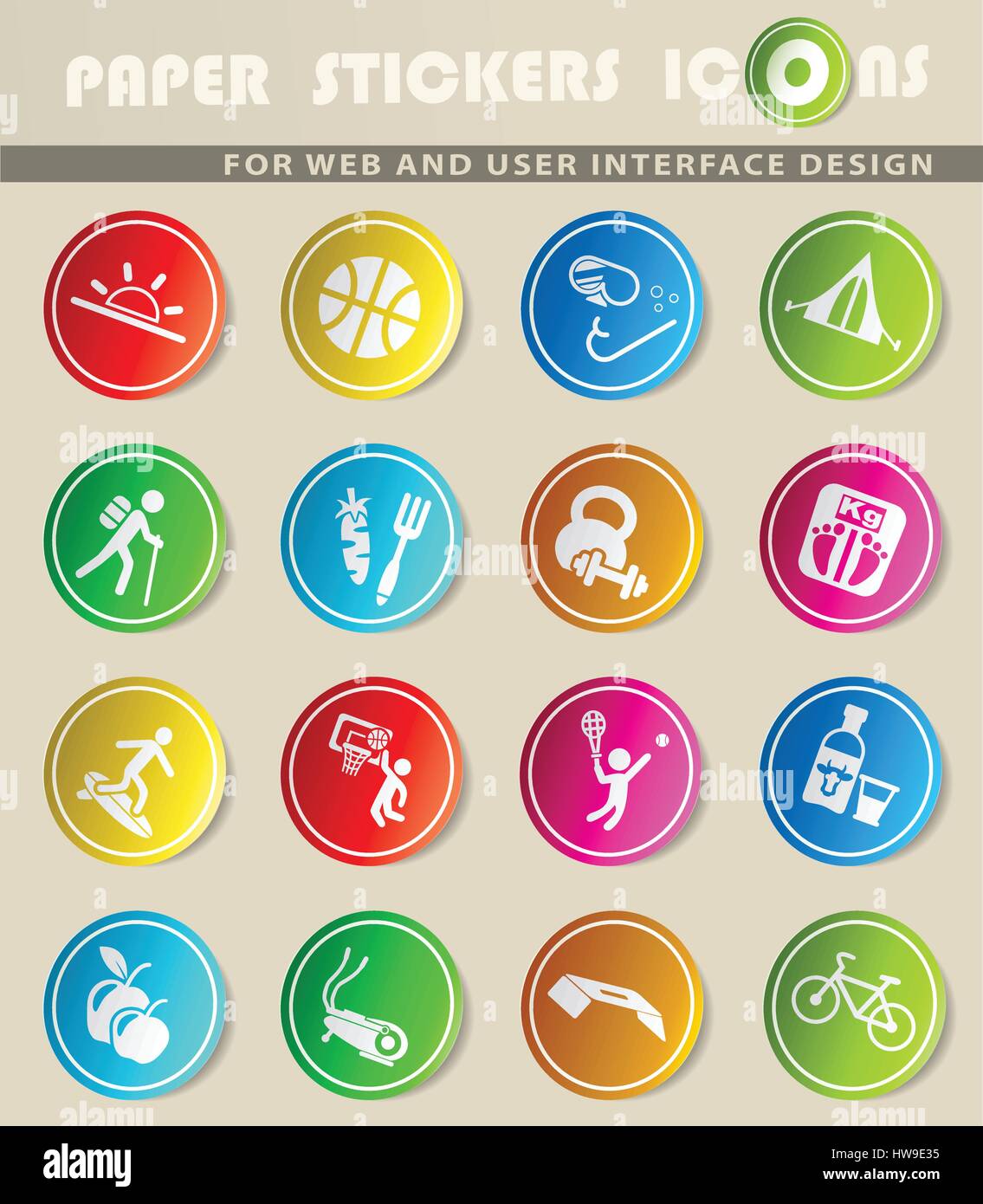 healthy lifestyle icons on color paper stickers for your design Stock ...