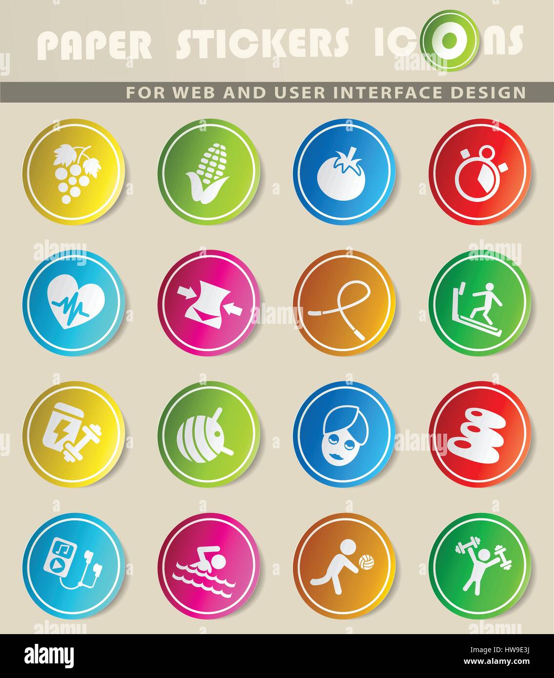 healthy lifestyle icons on color paper stickers for your design Stock ...