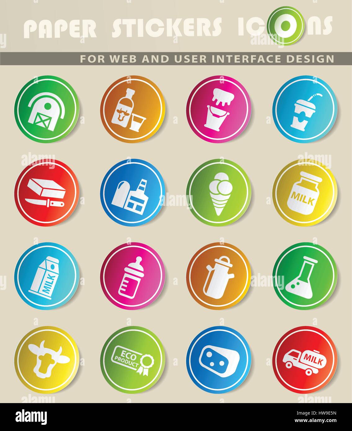 milk icons on color paper stickers for your design Stock Vector Image ...