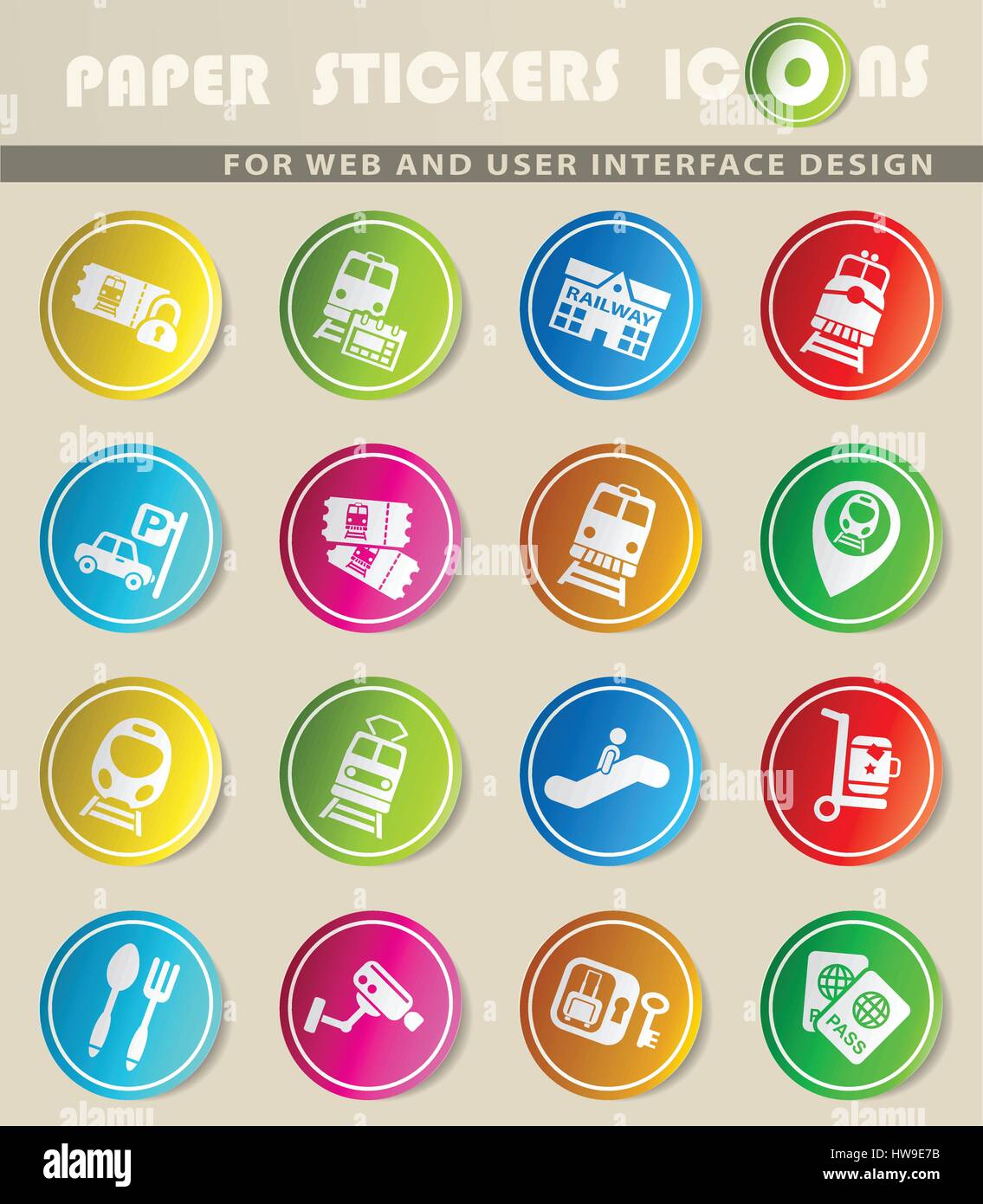 railway station icons on color paper stickers for your design Stock ...
