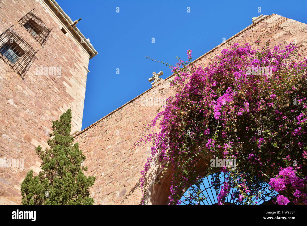 Colorful detail with beautiful pink flowers and ancient gate in El Puig ...