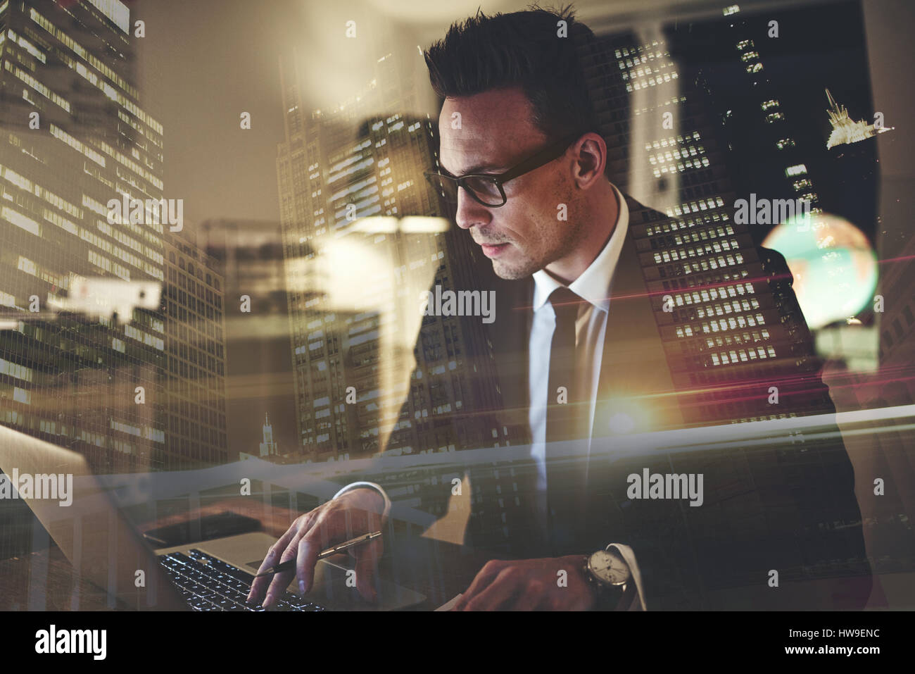 Close up of executive business man with laptop working concentrated ...
