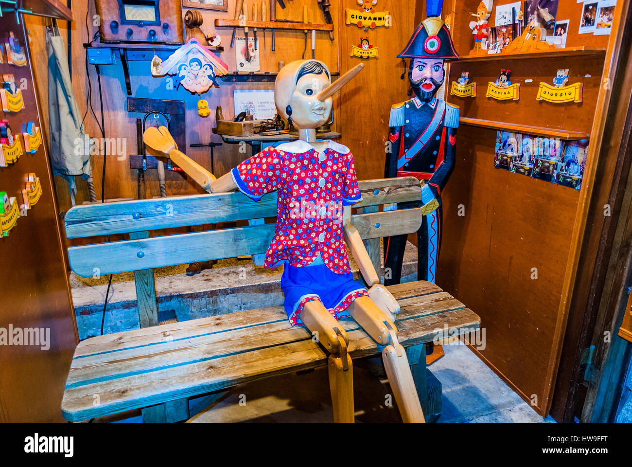 The pinocchio character in the window of a toy store. Rome, Lazio ...