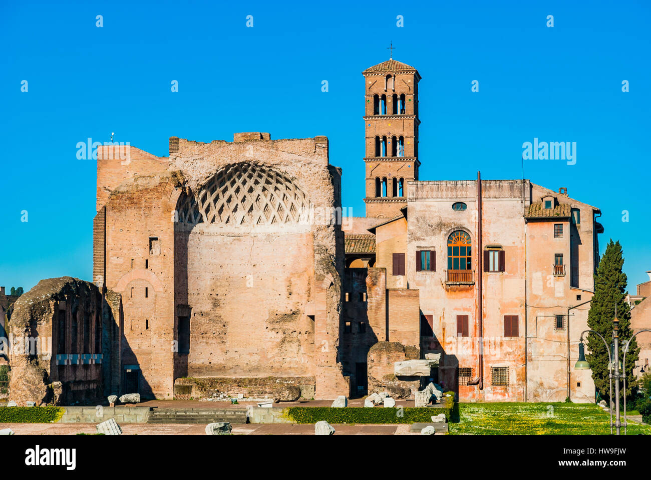 Temple of Venus and Roma, Roman Forum, the church tower in the ...