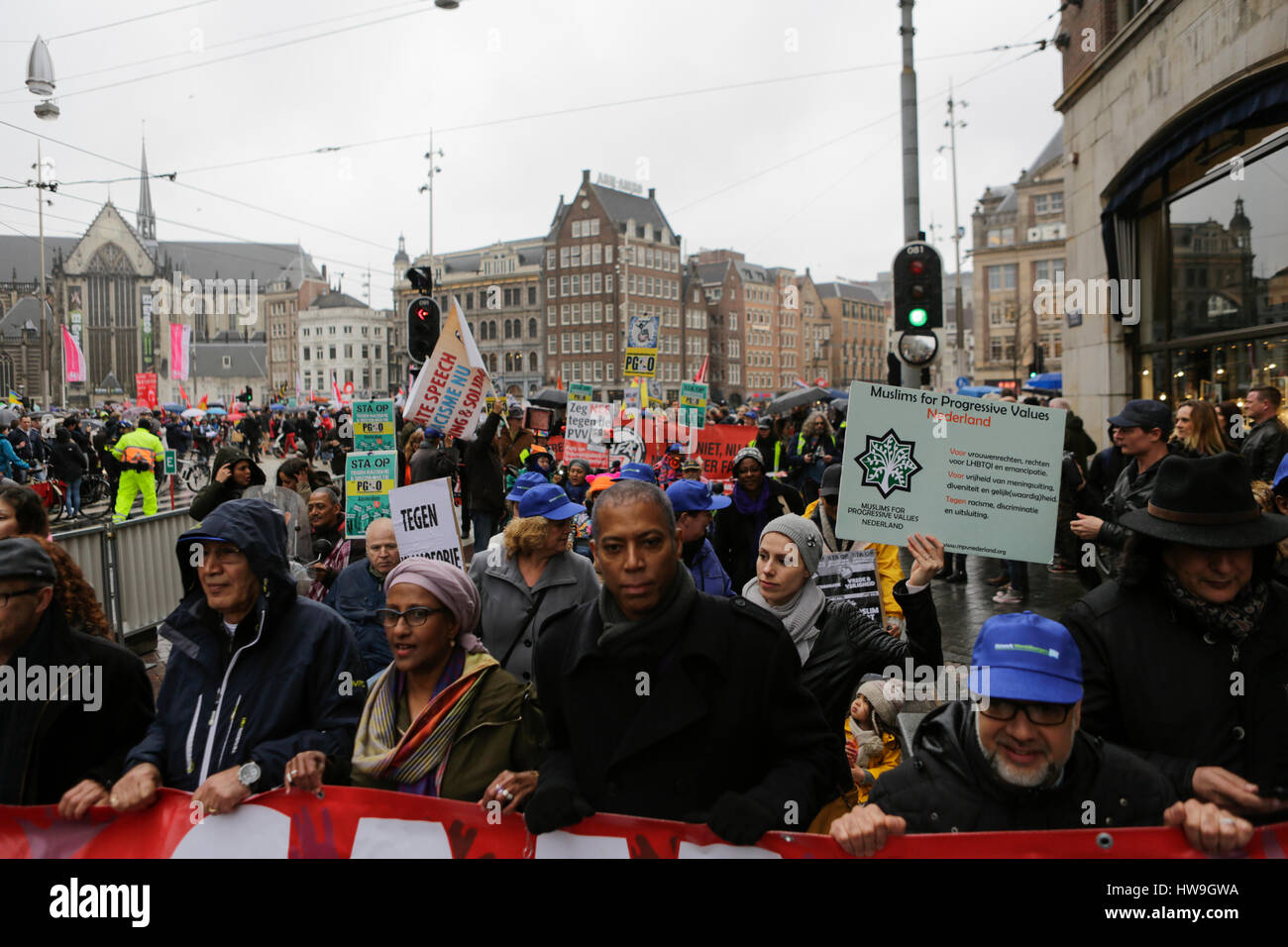 Amsterdam, Netherlands. 18th Mar, 2017. The protesters march with ...