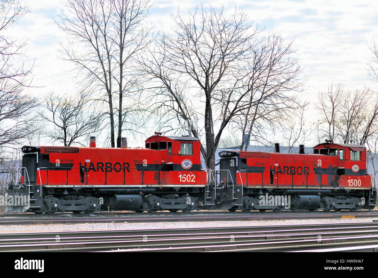 A pair of Inidana Harbor Belt Railroad SW1500 locomotive units idling in a yard in Hammond ...