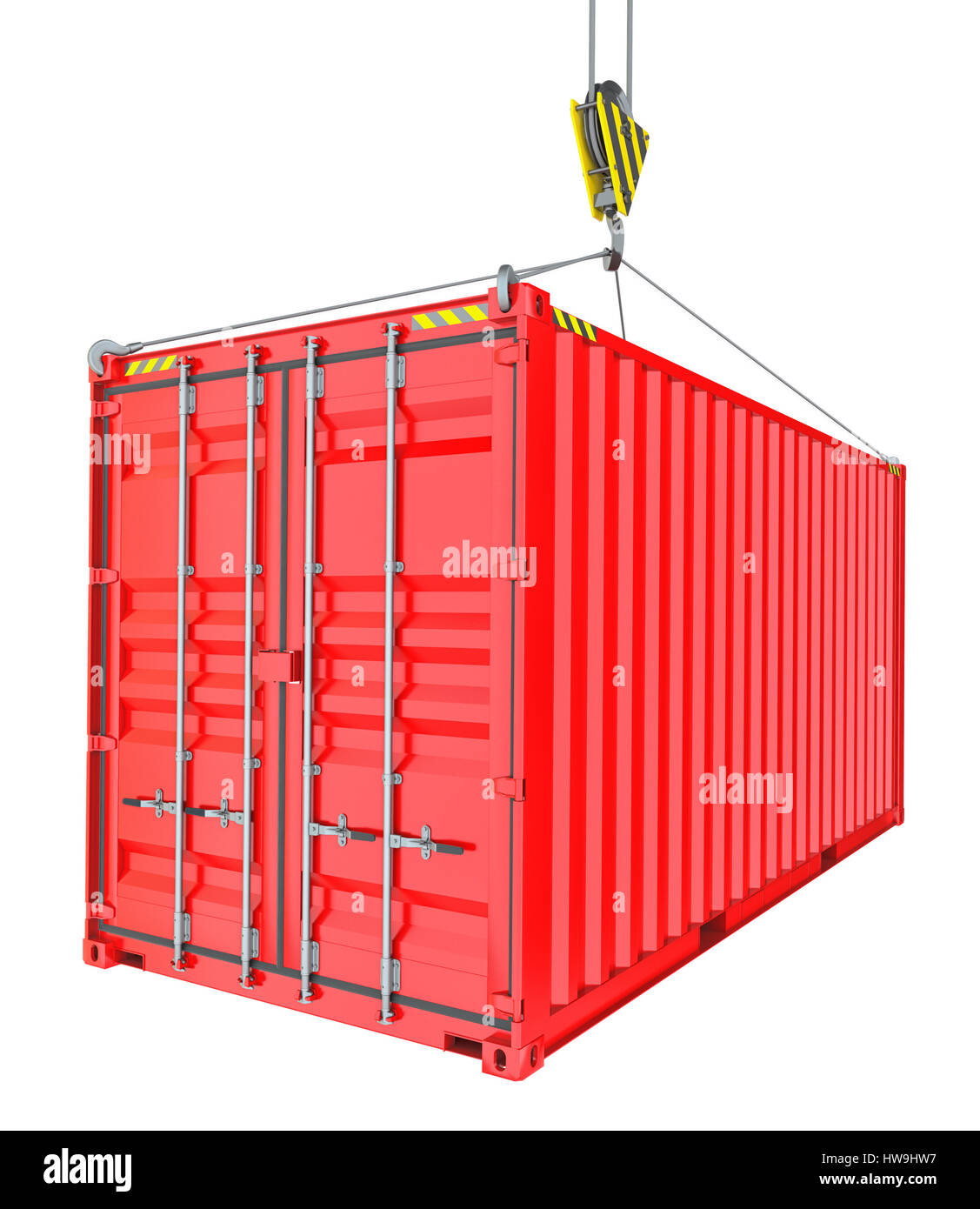 Red Cargo Container Hoisted By Hook Stock Photo - Alamy