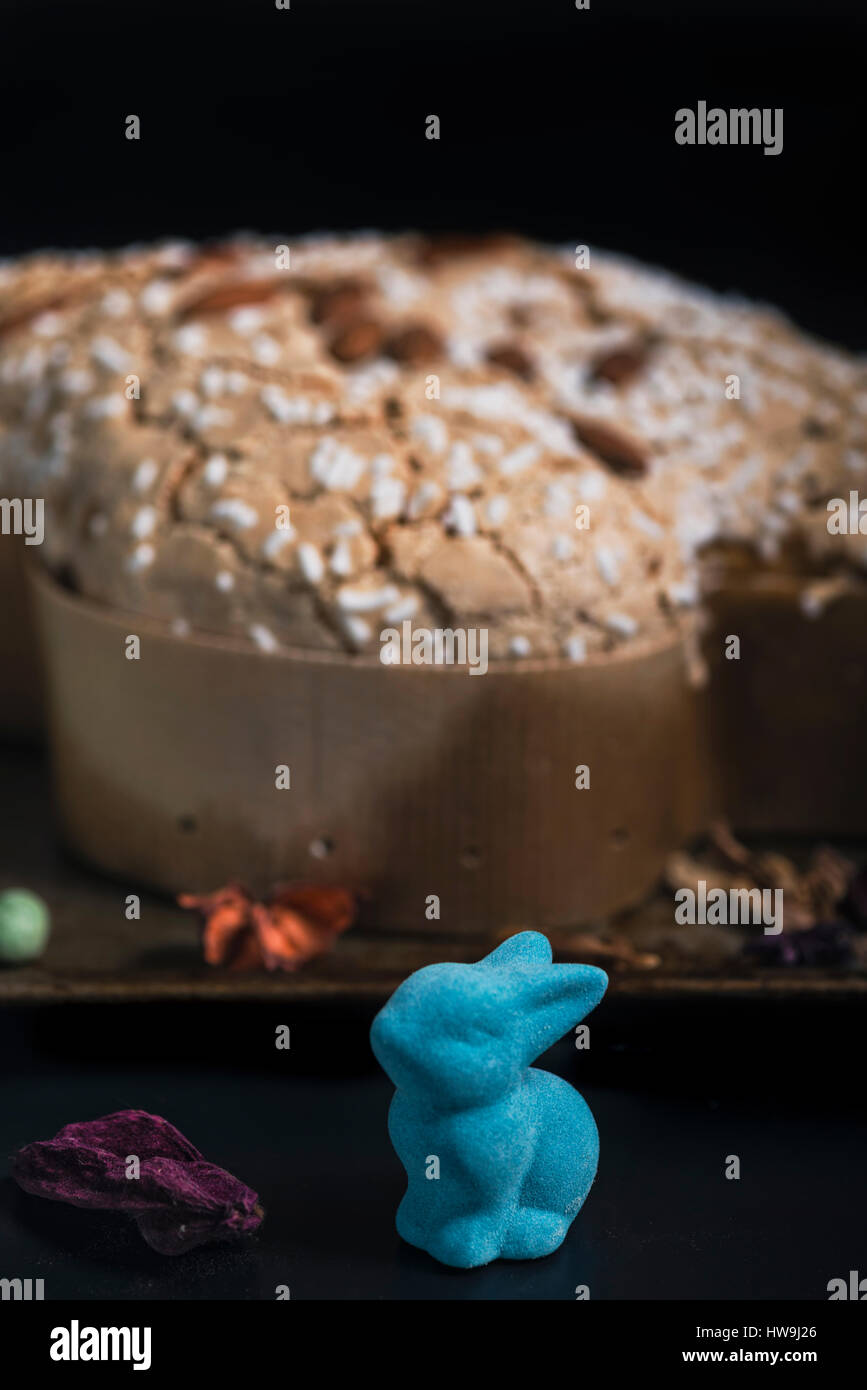 Sweet Italian Colomba cake, confetti, rabbit and eggs for easter ...