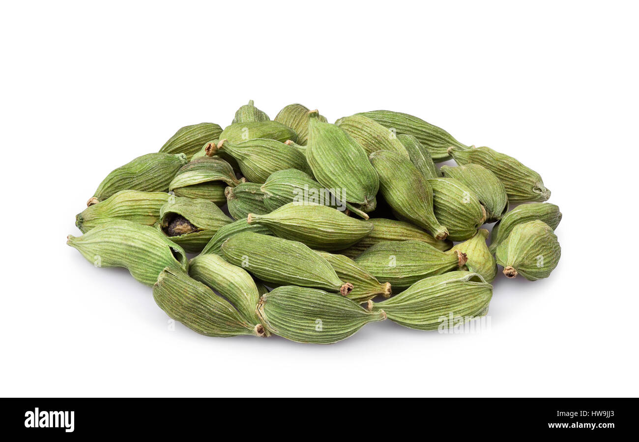Pile of green cardamom isolated on white background. Heap of cardamon ...