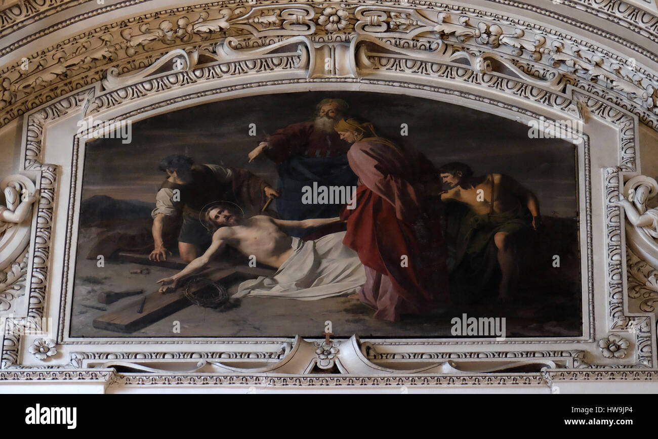 11th Stations of the Cross, Crucifixion: Jesus is nailed to the cross, fragment of the dome in ...