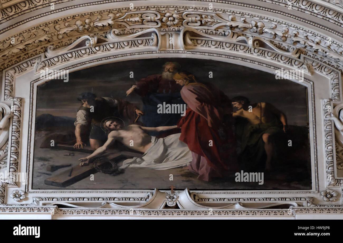 11th Stations of the Cross, Crucifixion: Jesus is nailed to the cross, fragment of the dome in ...