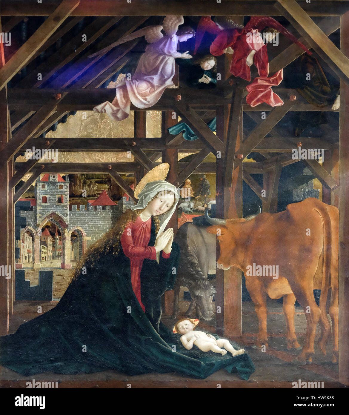 Birth of Jesus, altar in Parish church in St. Wolfgang on Wolfgangsee ...