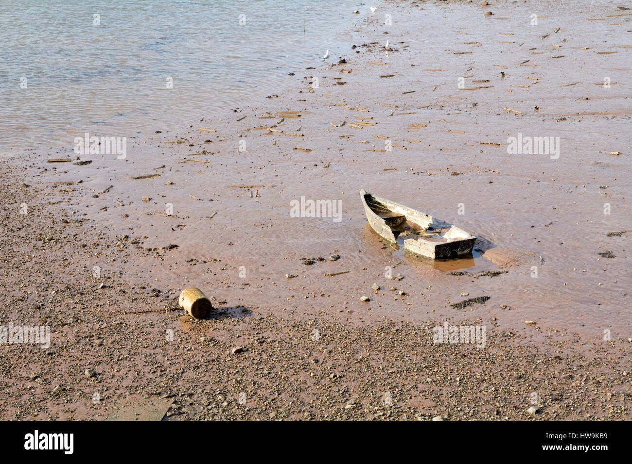 Damaged rotting small rowing boat in the mud in the River Teign in ...