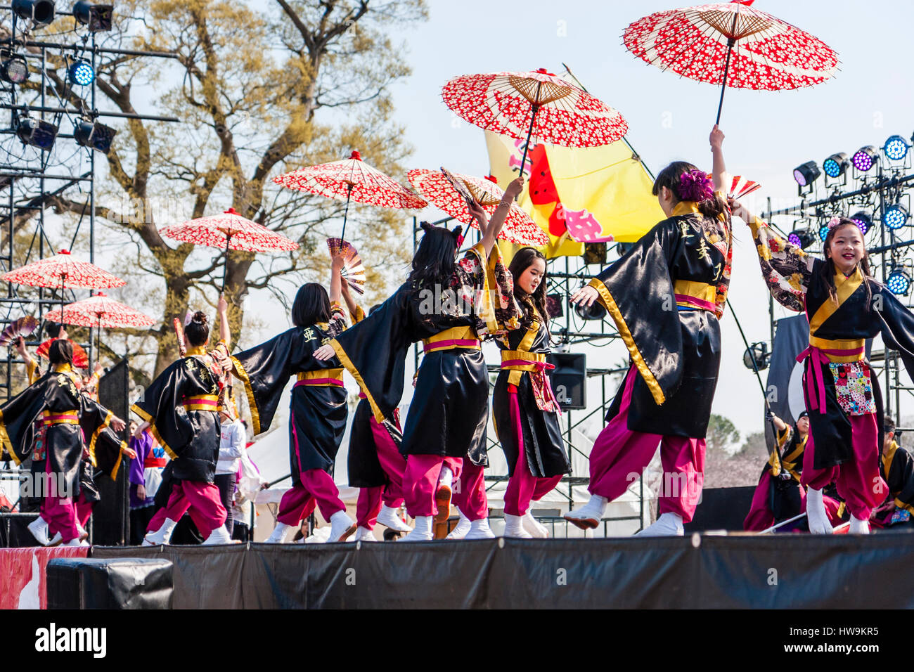 Yosakoi dance Festival. Children, girls, dancing in line, wearing black ...