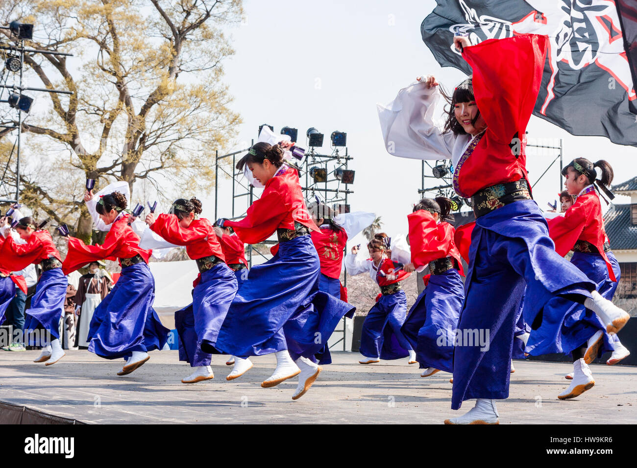 Yosakoi dance Festival. Japanese young women dancers in red and white ...